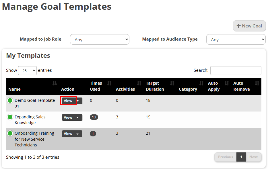 Adding Activities to a Goal Template